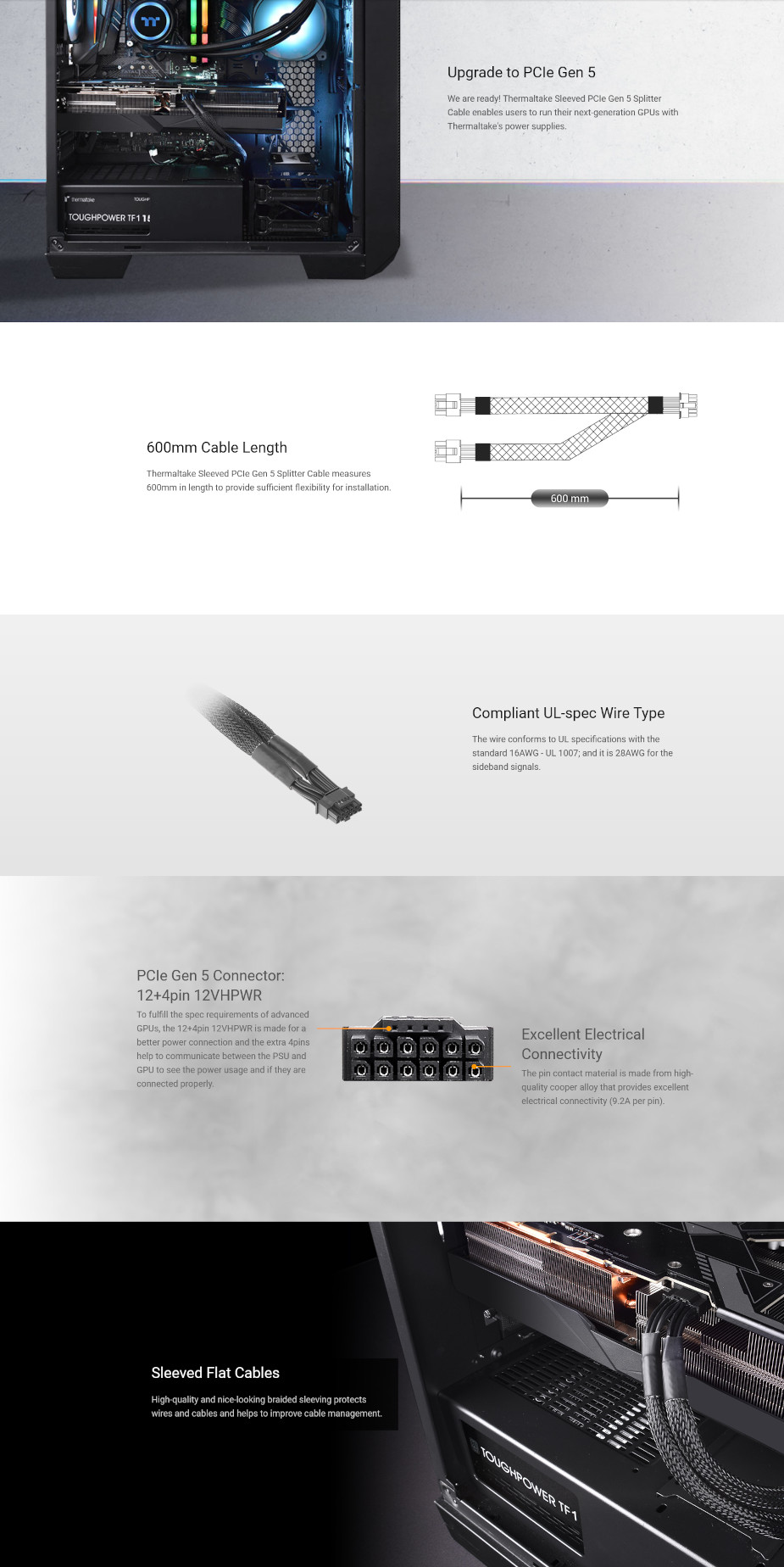 Thermaltake Sleeved PCIe Gen 5 ATX 3.0 PSU 12VHPWR Splitter Cable 600MM ...