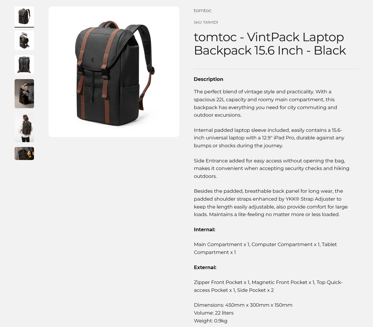 tomtoc VintPack 15.6" Laptop Backpack - Black - TA1M1D1 | Mwave