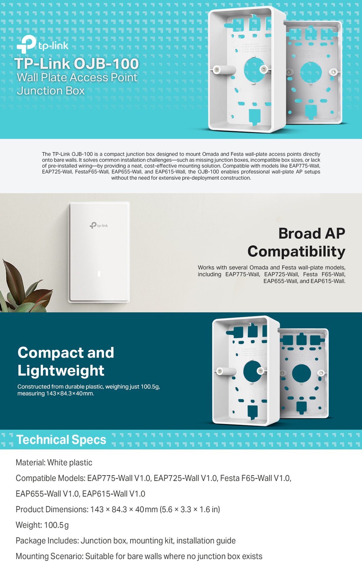 TP-Link OJB-100 Omada Wall Plate Access Point Junction Box - OJB-100 ...