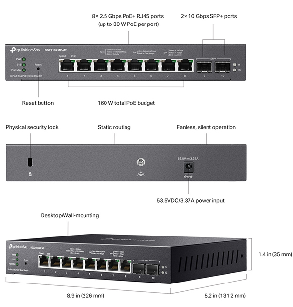 TP-Link SG2210XMP-M2 Omada 8-Port 2.5GBASE-T and 2-Port 10GE SFP+ Smart ...
