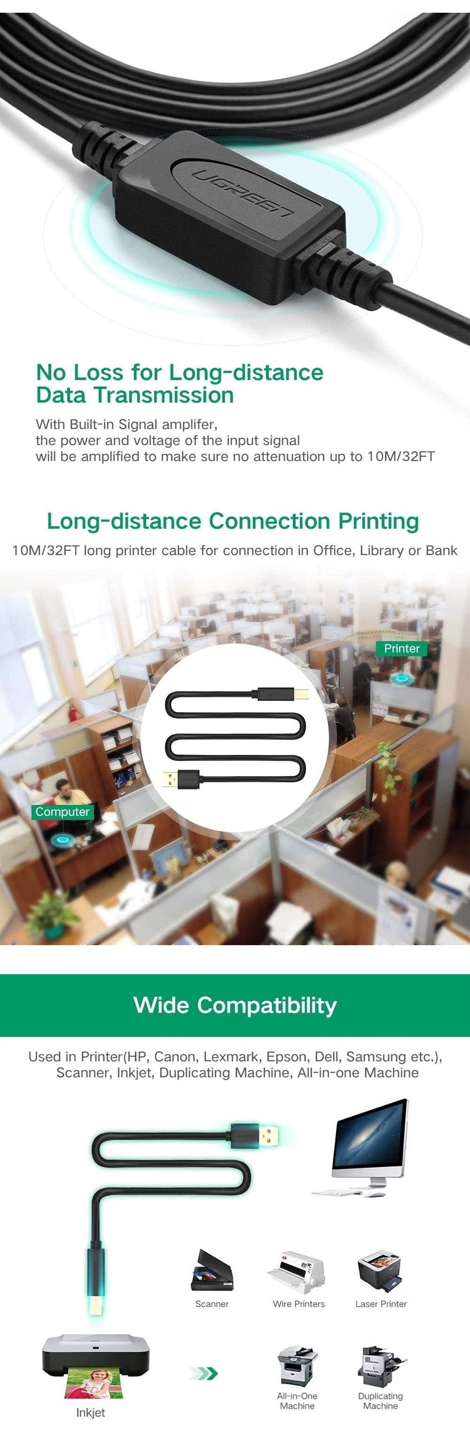 Ugreen 10m Active USB 2.0 to Printer Cable with Built-in Signal ...