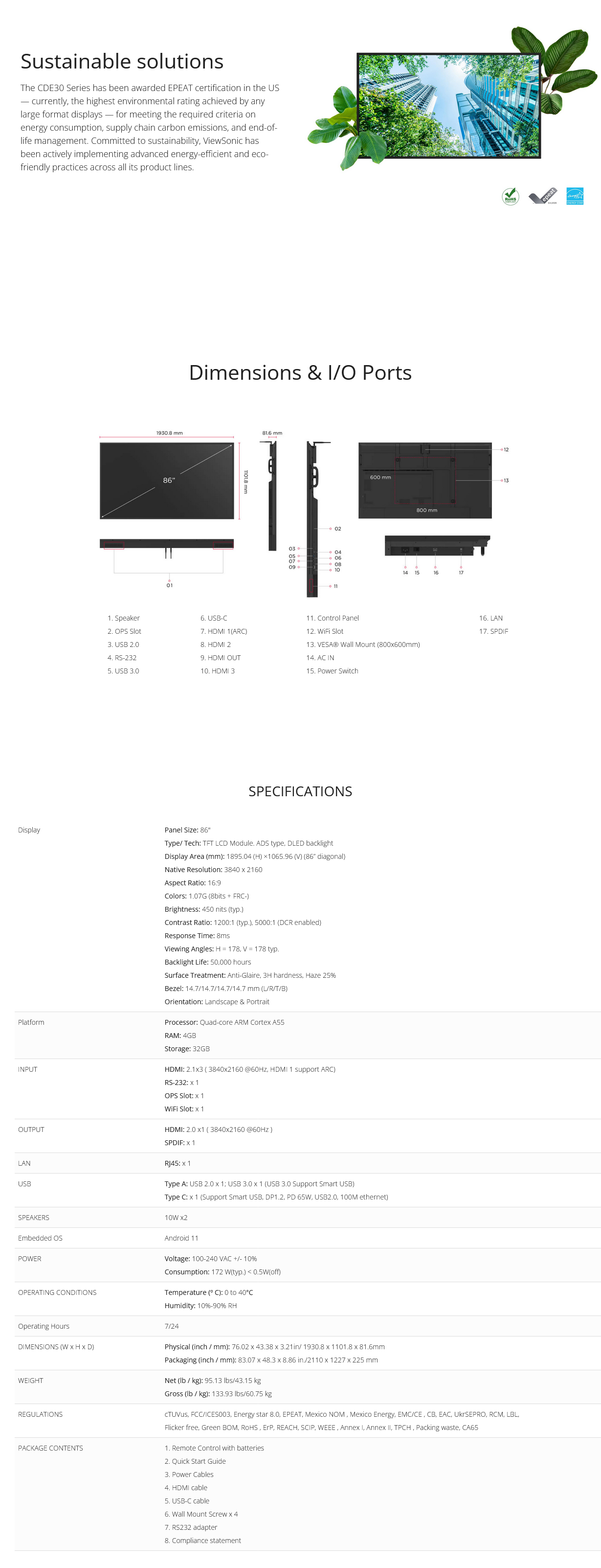 Viewsonic 86" 4K UHD Presentation Display - CDE8630 - CDE8630 | Mwave