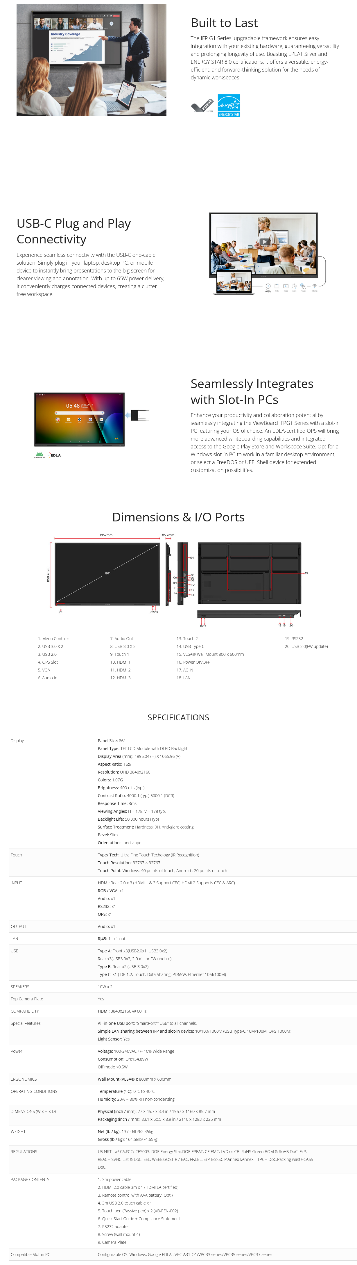 ViewSonic ViewBoard 86" 4K OS-Free Interactive Display - IFP86G1 | Mwave