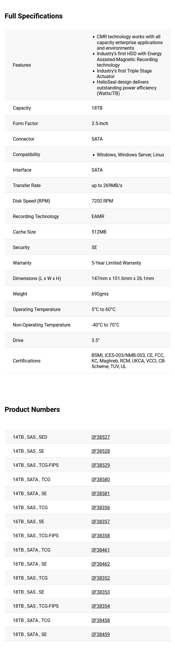 WD Ultrastar DC HC550 18TB 3.5" SATA 7200RPM 512e/4Kn SE Hard Drive ...
