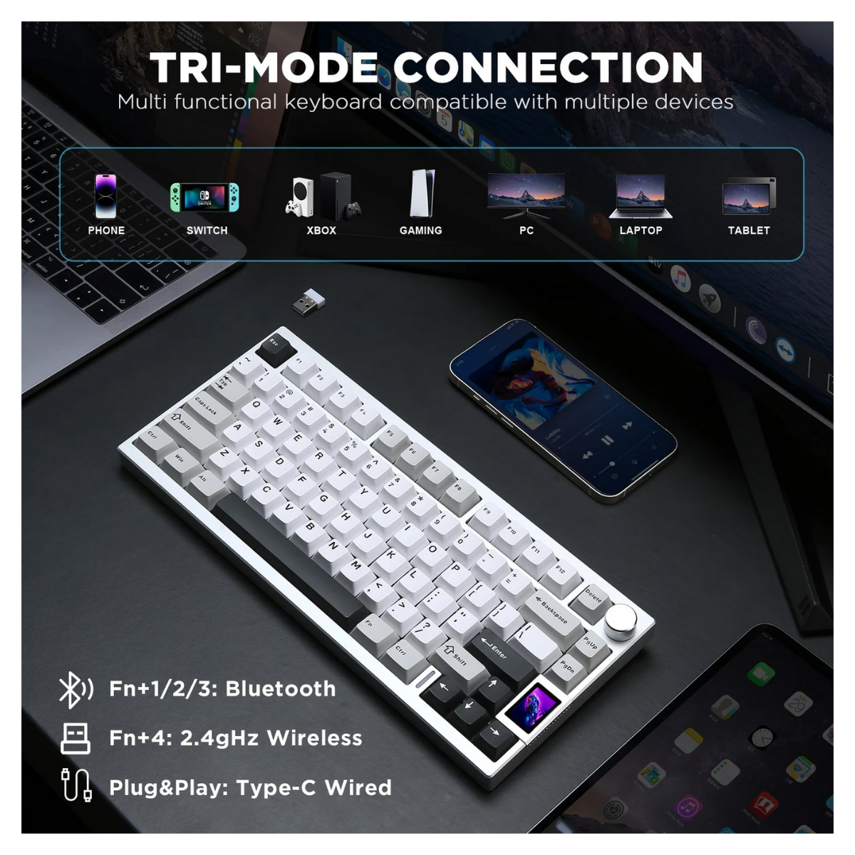 YUNZII AL80 QMK/VIA Aluminum LCD Mechanical Keyboard - Silver - Gateron ...