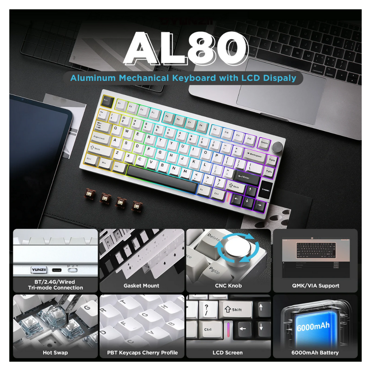 YUNZII AL80 QMK/VIA Aluminum LCD Mechanical Keyboard - Silver - Gateron ...