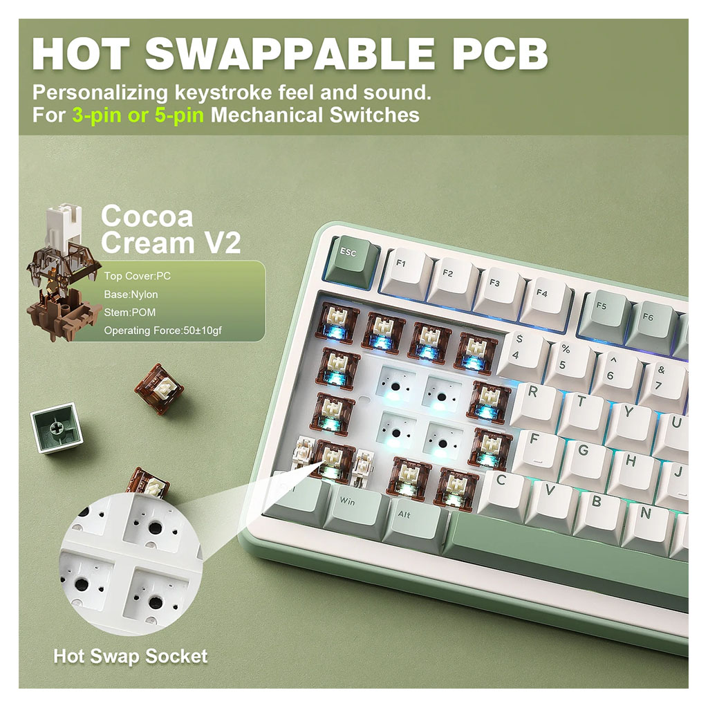 Yunzii B75 Pro Hot-Swappable Wireless Green Mechanical Keyboard - Milk V2 Switches ...