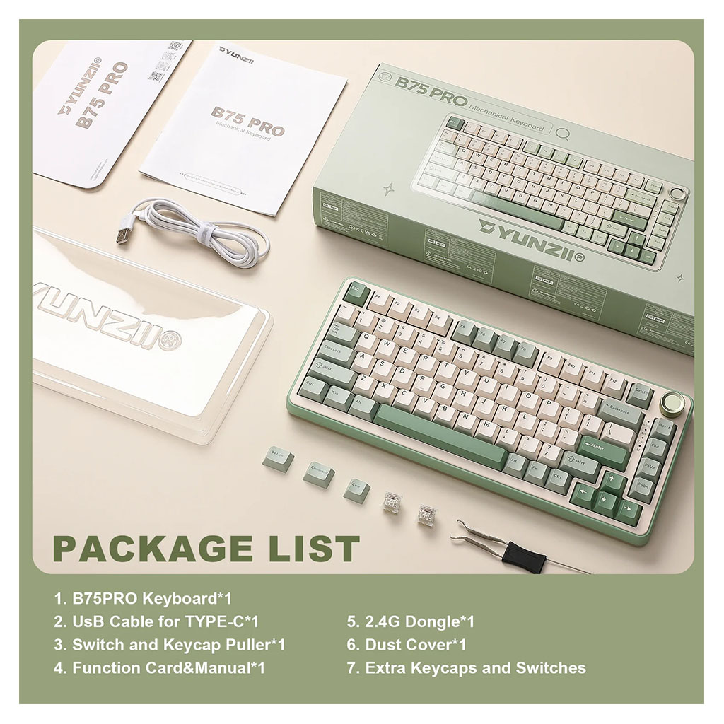 Yunzii B75 Pro Hot-Swappable Wireless Green Mechanical Keyboard - Milk ...