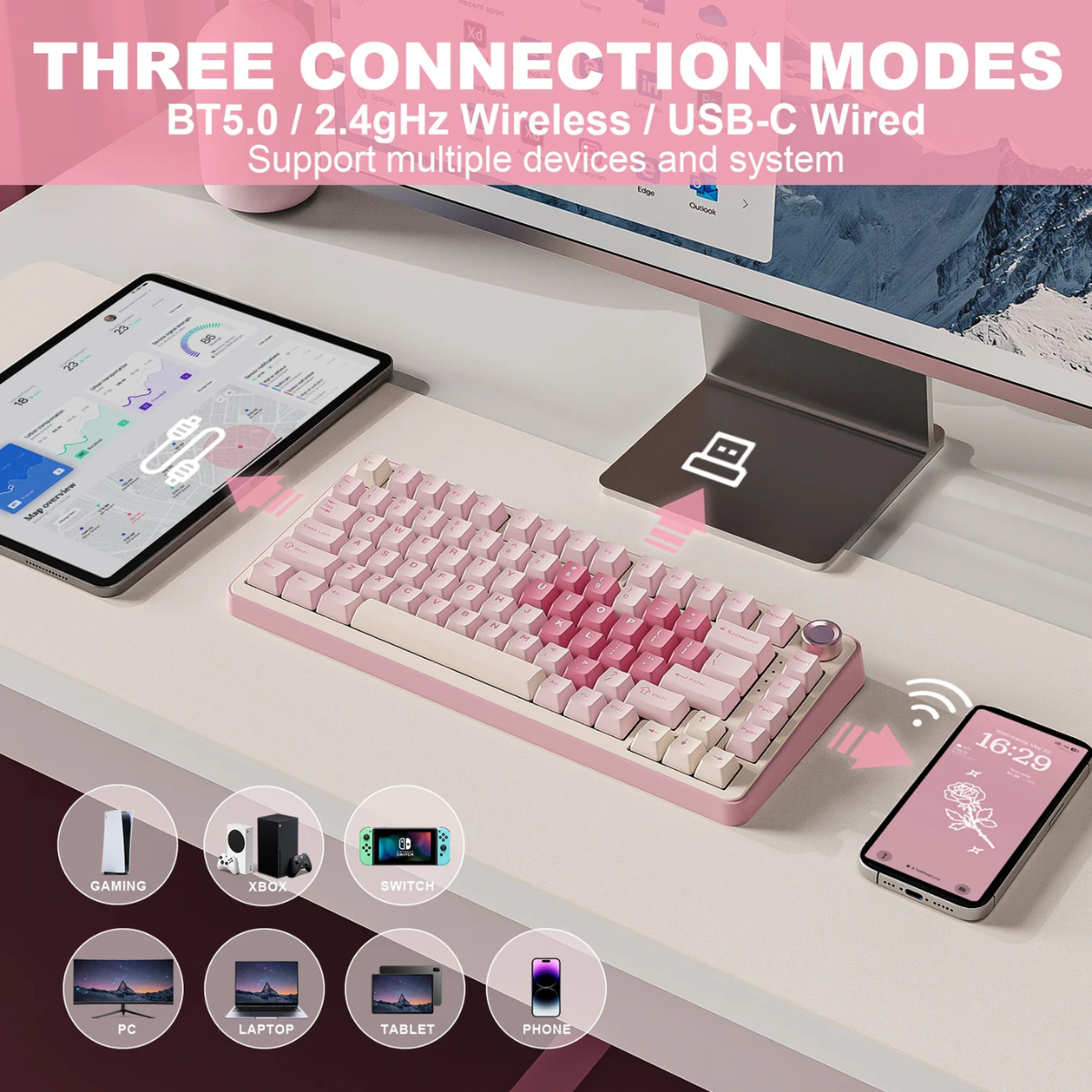 YUNZII B75 Pro Pink Wireless Mechanical Keyboard - YUNZII Cocoa Cream ...