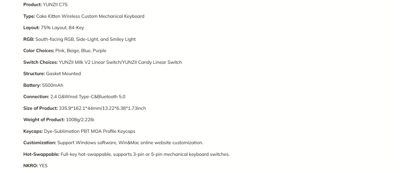 YUNZII C75 Cake Meow Hot-Swap Wireless Mechanical Keyboard - Beige ...