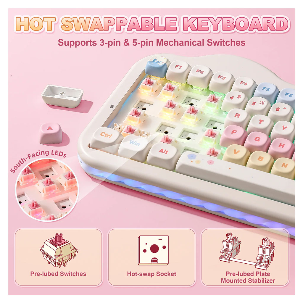 Yunzii C75 Cake Meow Wireless Pink Mechanical Keyboard - Milk V2 Switches - KBYZC75PKMK | Mwave
